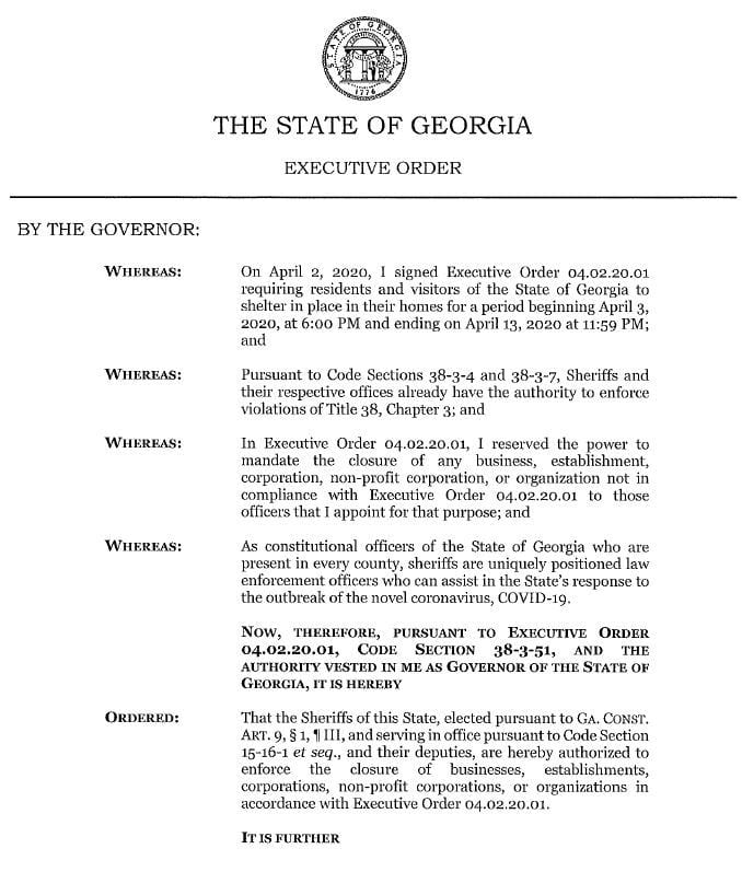 Gov. Kemp orders Georgia sheriffs to enforce restrictions on businesses ...