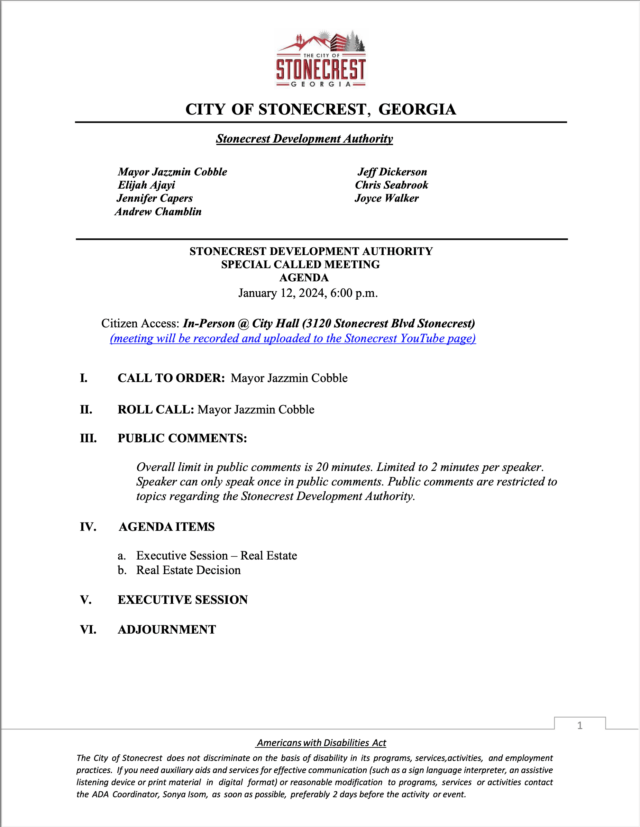 City of Stonecrest NOTICE – Special Called Stonecrest Development ...
